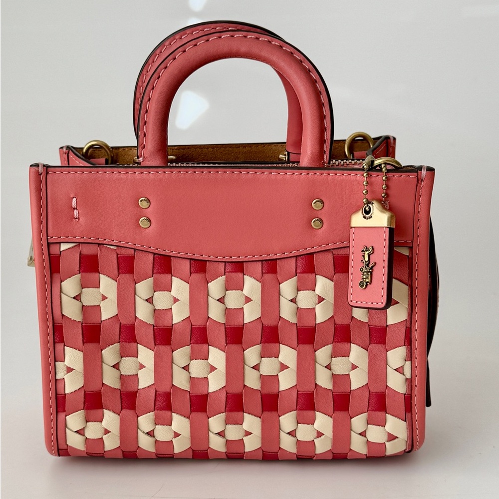 Nwt Coach Mini Rogue 17 Bag With Leather Weaving Pink - Gem